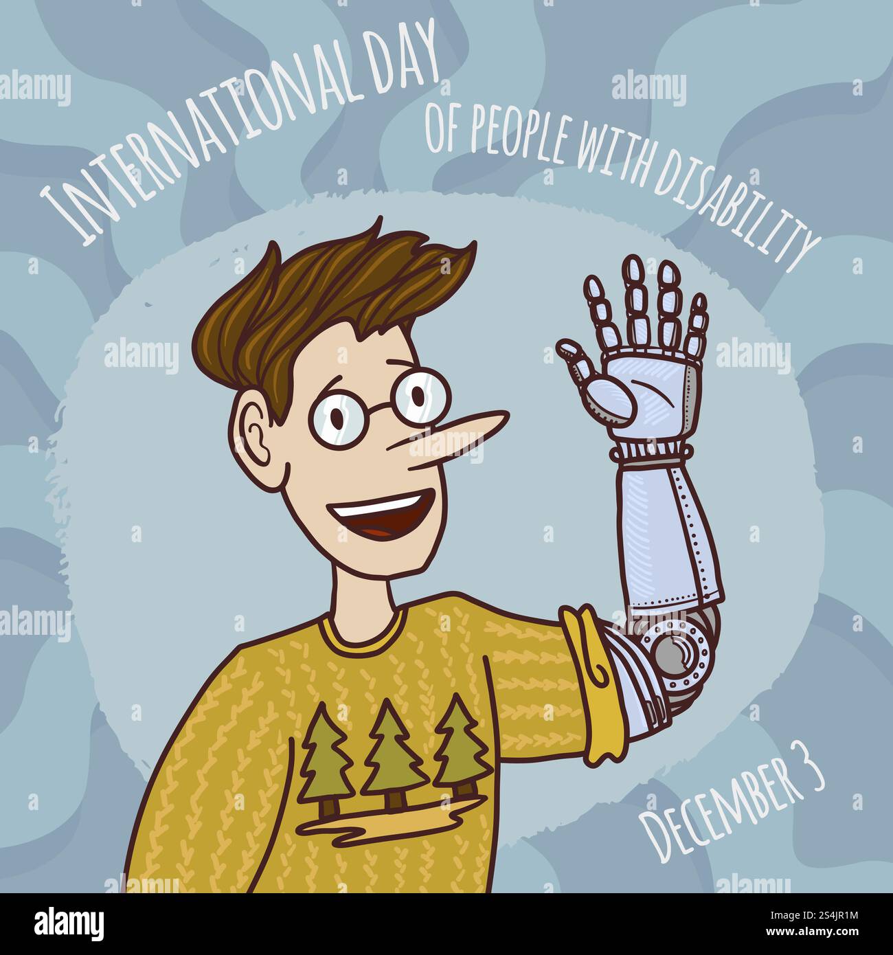 World disability day man prosthesis hand concept background. Hand drawn ...