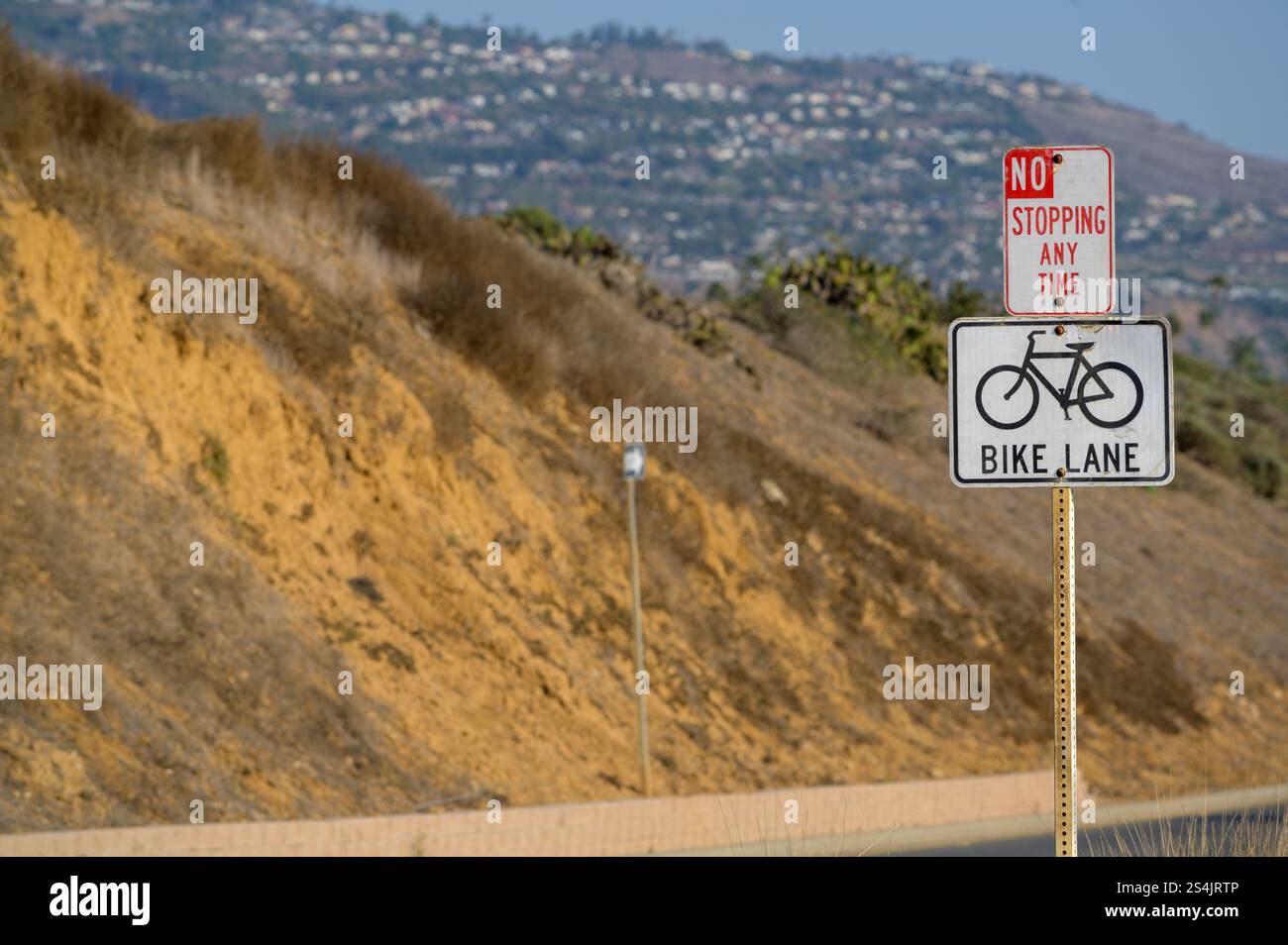 No Stopping Anytime and Bike Lane signs on a highway in Palos Verdes ...