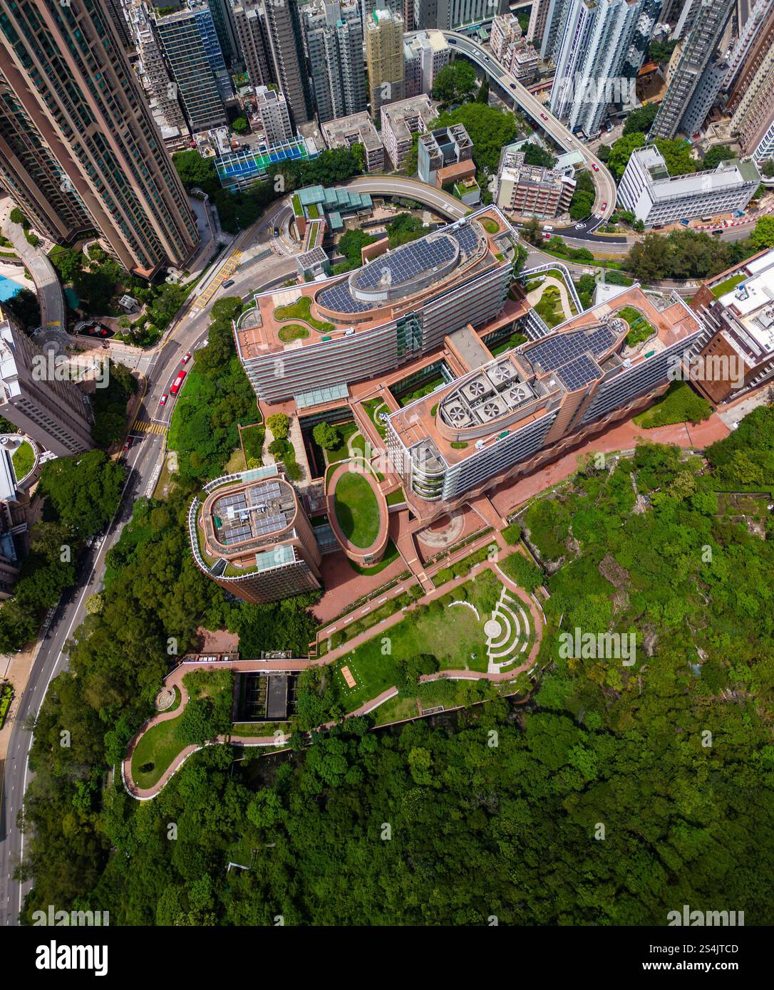 Vertical aerial view of Hong Kong university with its rooftop garden ...