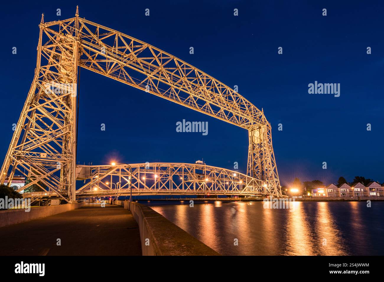 Areal Lift Bridge Over Calm Waters Against a Deep Blue Night Sky Stock ...