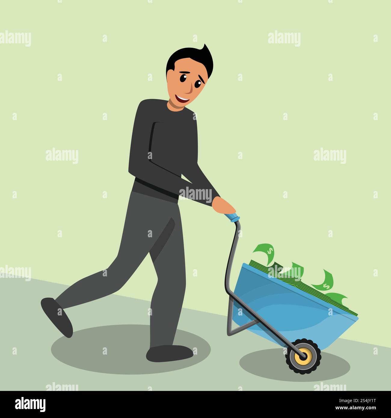 Man wheelbarrow cash money concept banner. Cartoon illustration of man ...