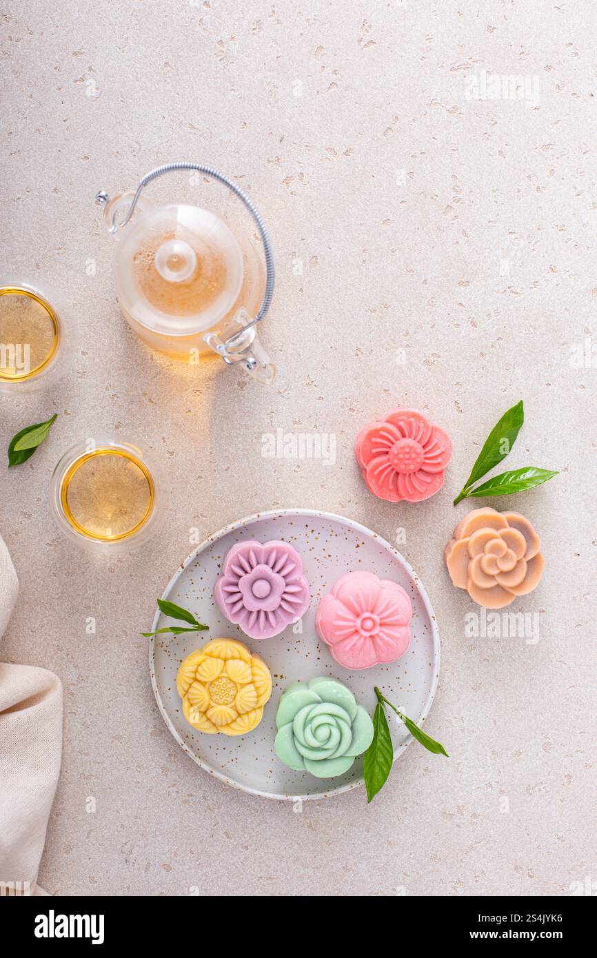 Traditional Chinese snow skin mooncakes for mid autumn festival with ...