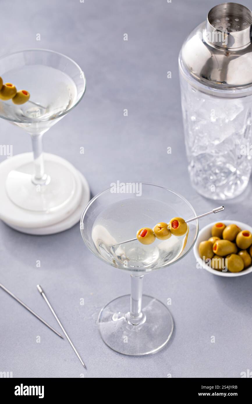 Martini with olive and salami garnishes, dirty martini cocktail in a ...
