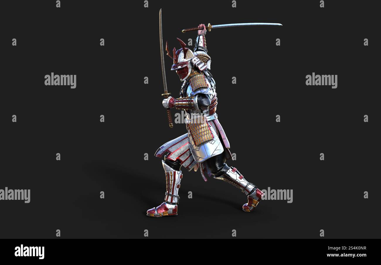 3d Illustration of a samurai wearing Red armor holding a katana sword ...