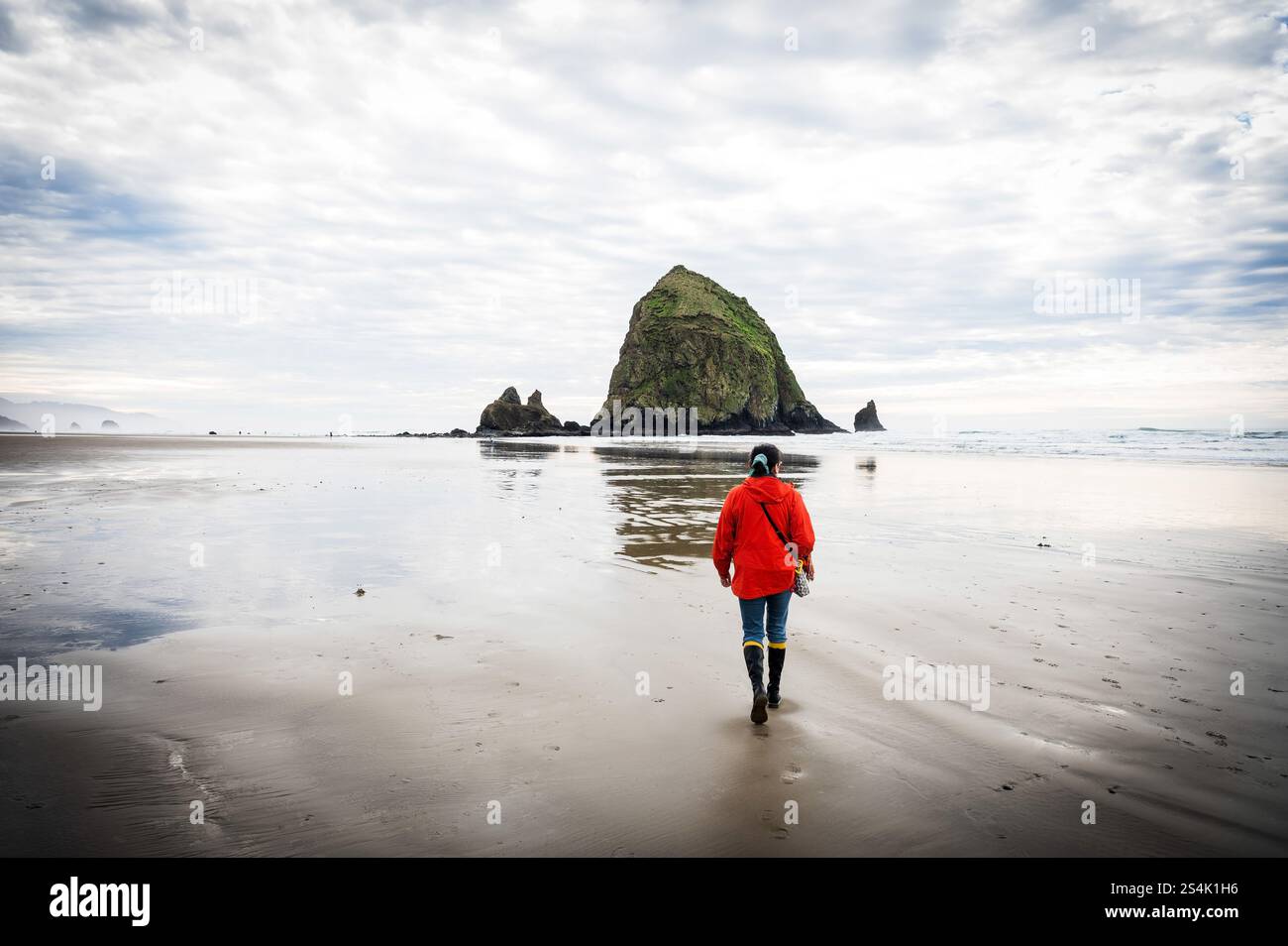 A woman walks on Cannon Beach in front of Haystack Rock, Oregon. Along ...