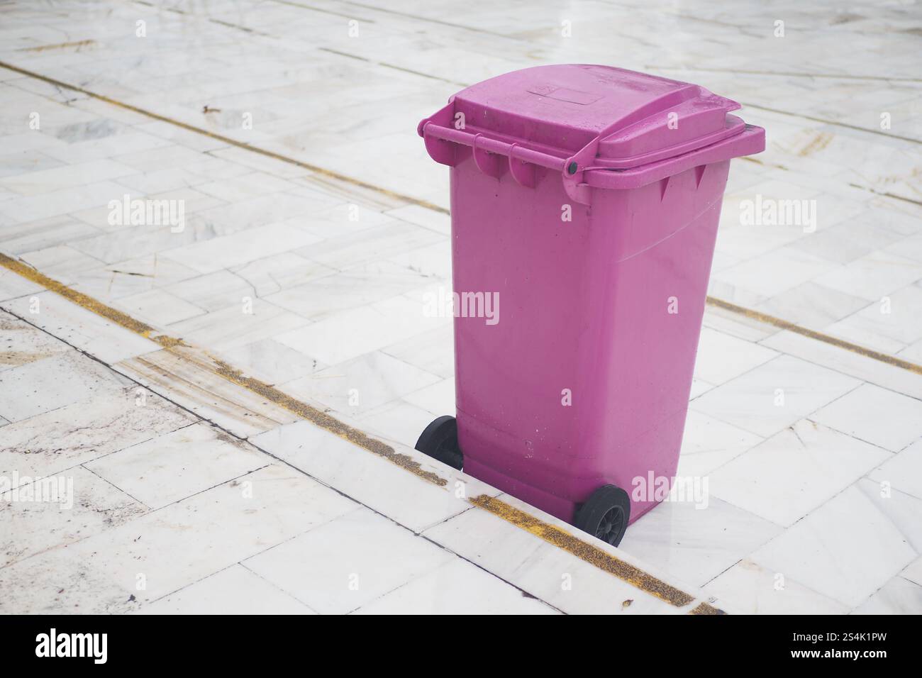 A Bright Pink Trash Bin is placed beautifully on a Marble Floor surface ...