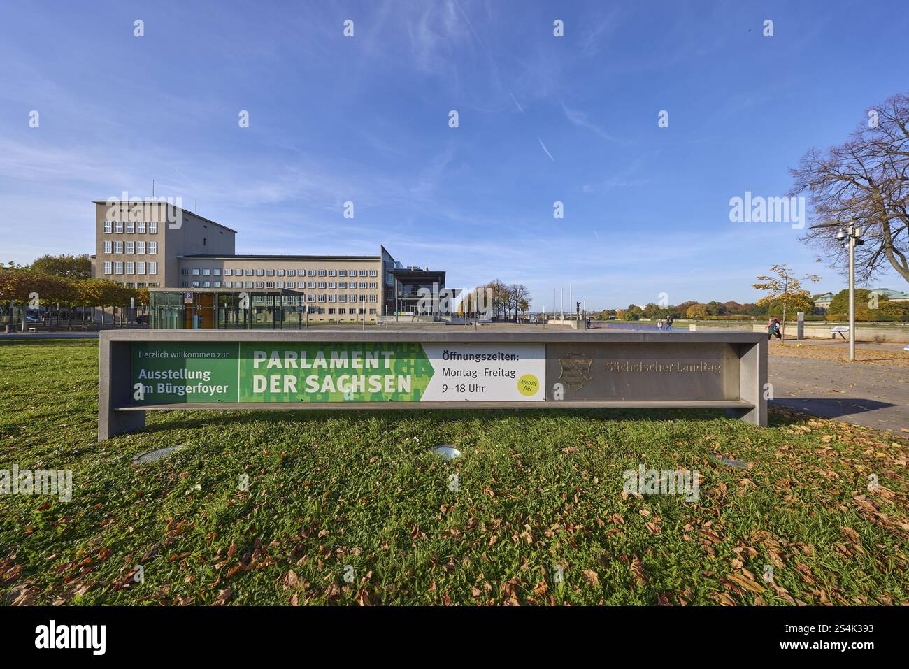 Saxon State Parliament sign, lawn, old building, new building ...