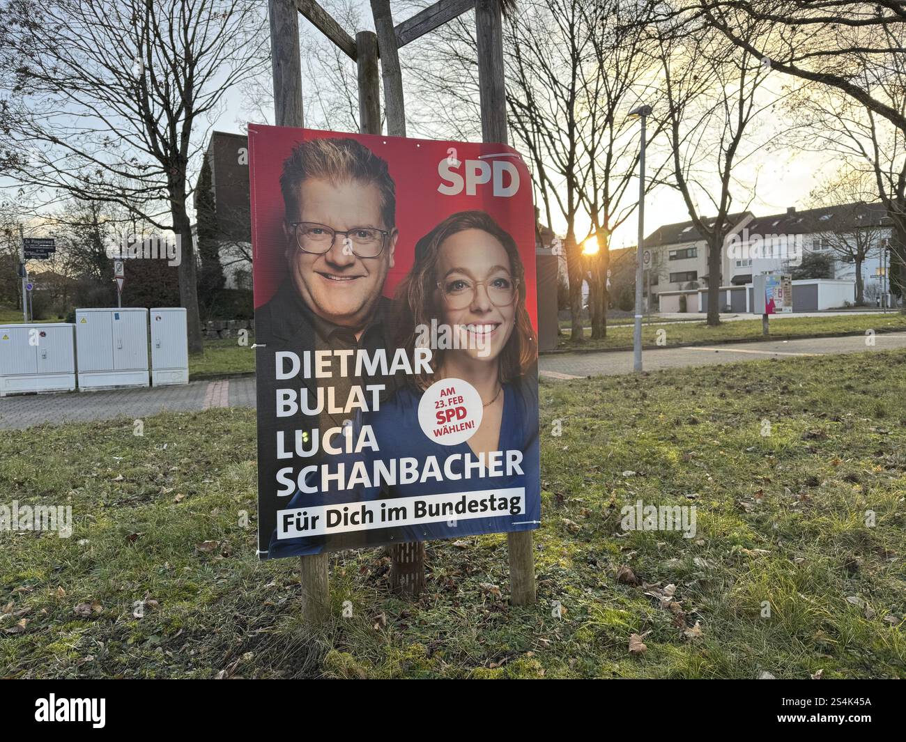 SPD election poster with two politicians, in the background a quiet ...