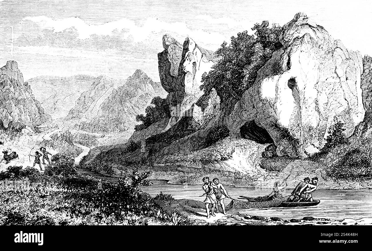 Native people hunting and fishing, cave in the Swabian Ach Valley ...