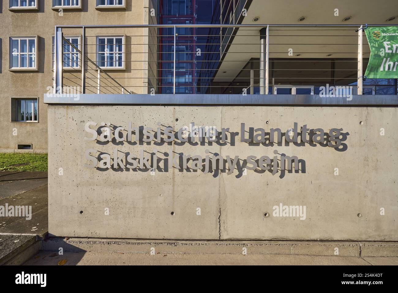 Saxon State Parliament, sign, concrete architecture, stainless steel ...