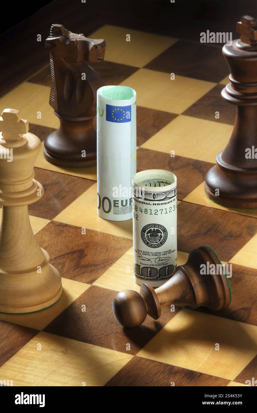 Chess with dollar and euro banknote. Symbol for devaluation of the ...