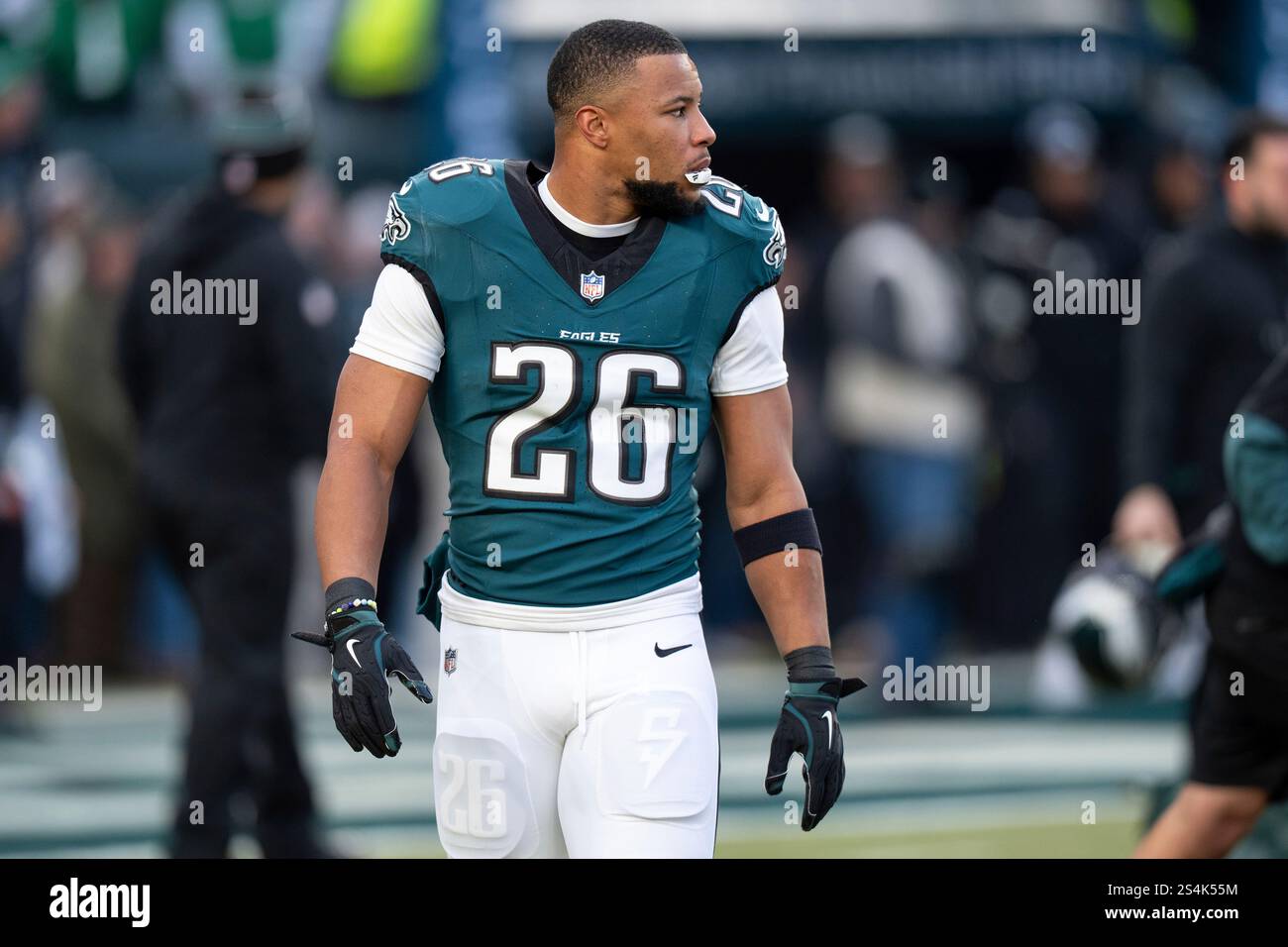 Philadelphia Eagle running back Saquon Barkley (26) looks on before an ...