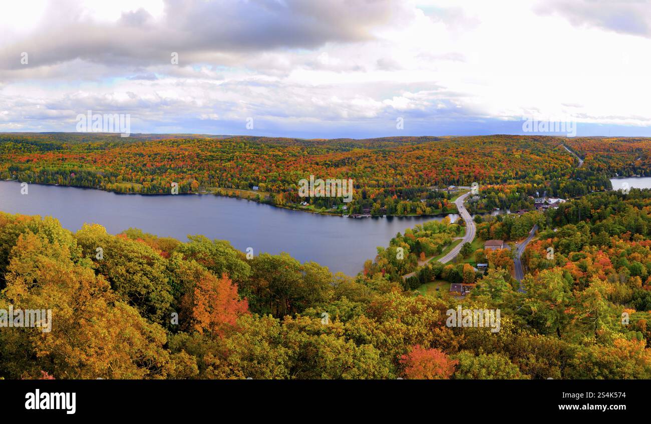 Aerial panoramic view of Dorset Lake of Bays and colorful fall forest ...