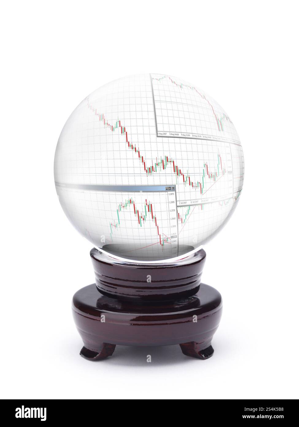 Scrying Crystal ball displaying currency echange charts isolated on white background with ...