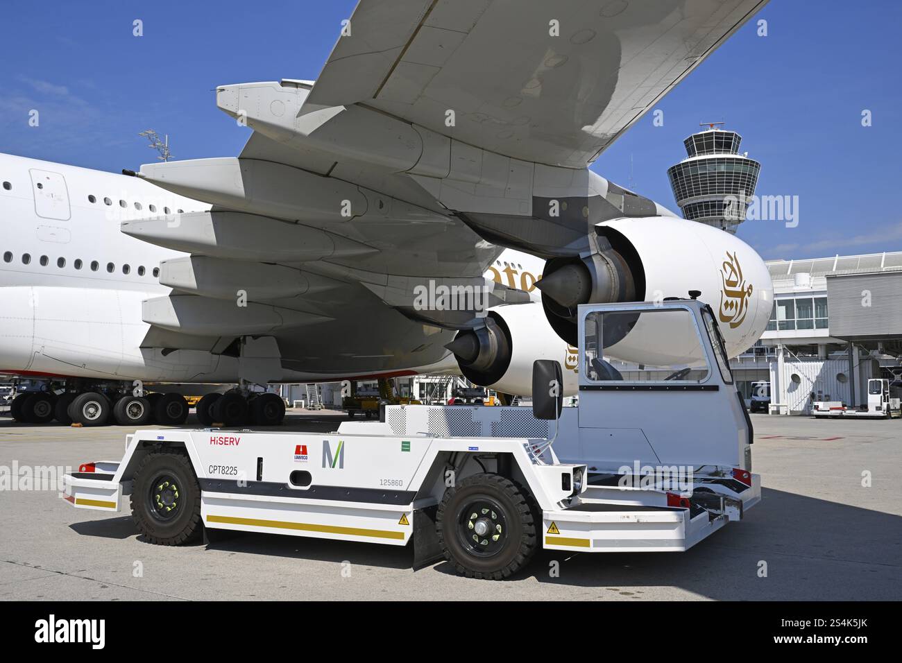 Handling equipment, baggage container vehicle with Emirates Airbus A380 ...