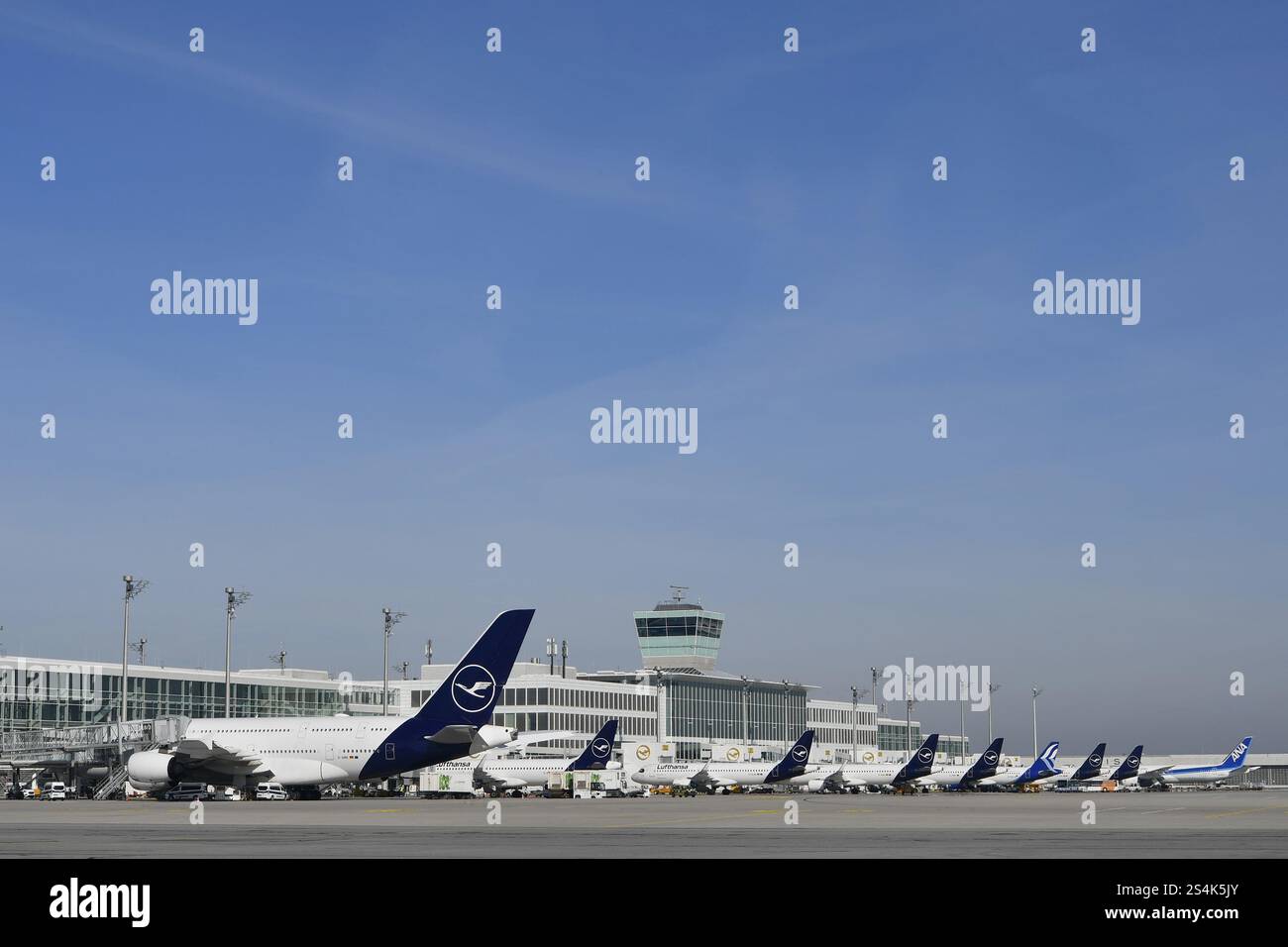 Lufthansa Airbus A380-800 with control tower at check-in position in ...