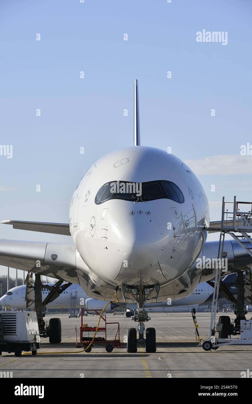 Lufthansa Airbus A350-900, cockpit at check-in position with blue sky ...
