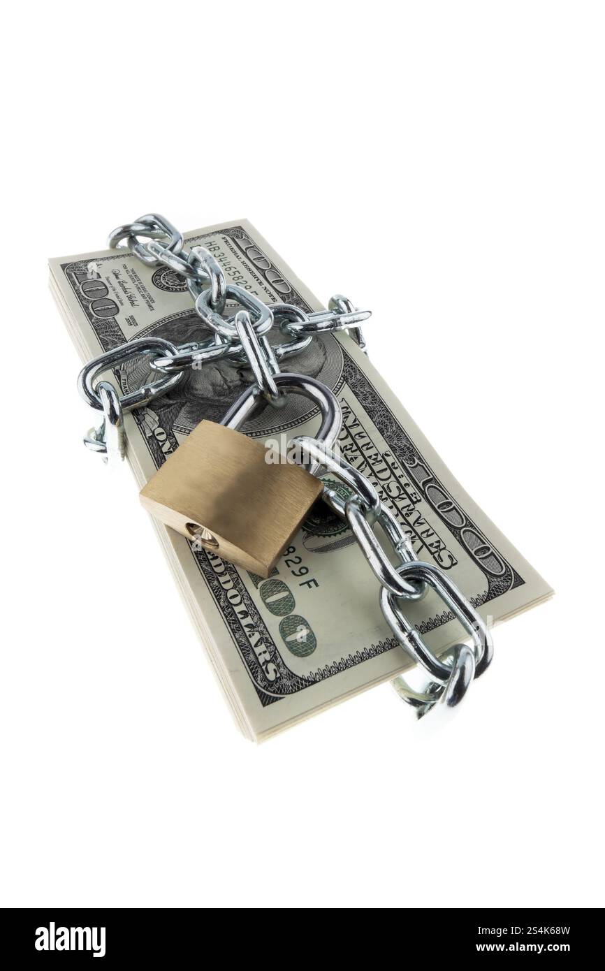 Dollar banknotes with lock and chain. Stack of money for security and ...