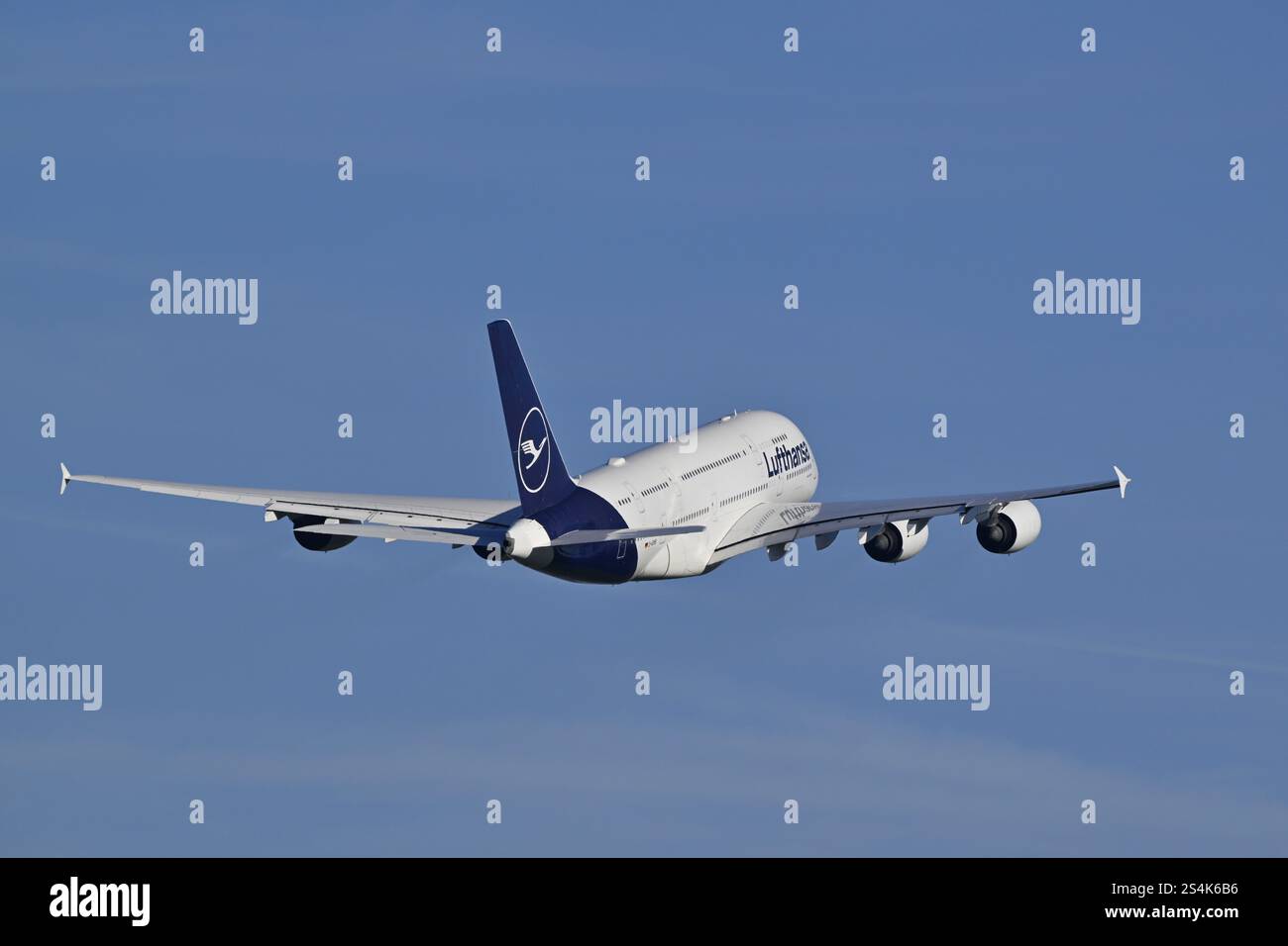 Lufthansa Airbus A380-800 taking off with blue sky and clouds, Runway ...