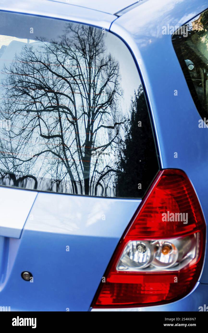 Baum spiegelt sich im Autofenster, Symbol fuer Natur und Technik ...