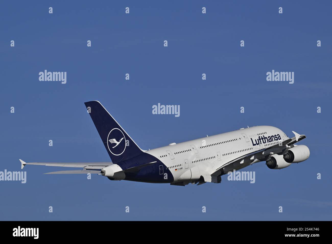 Lufthansa Airbus A380-800 taking off with blue sky and clouds, Runway ...