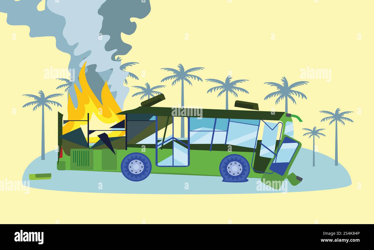 Destroyed bus in fire concept banner. Flat illustration of destroyed ...