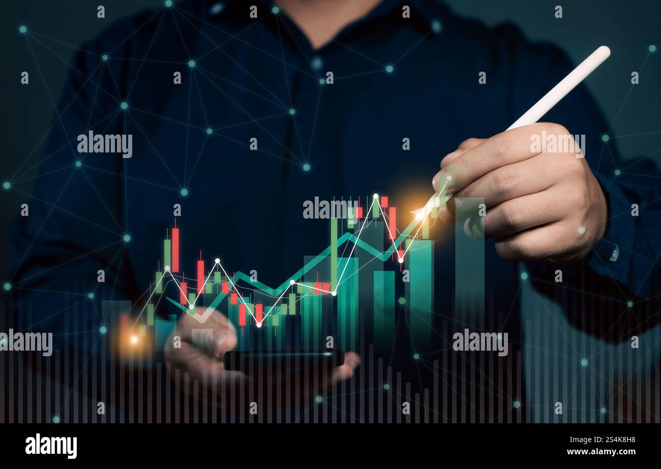 Data analysis, business growth. Businessmen hold smartphones and show ...