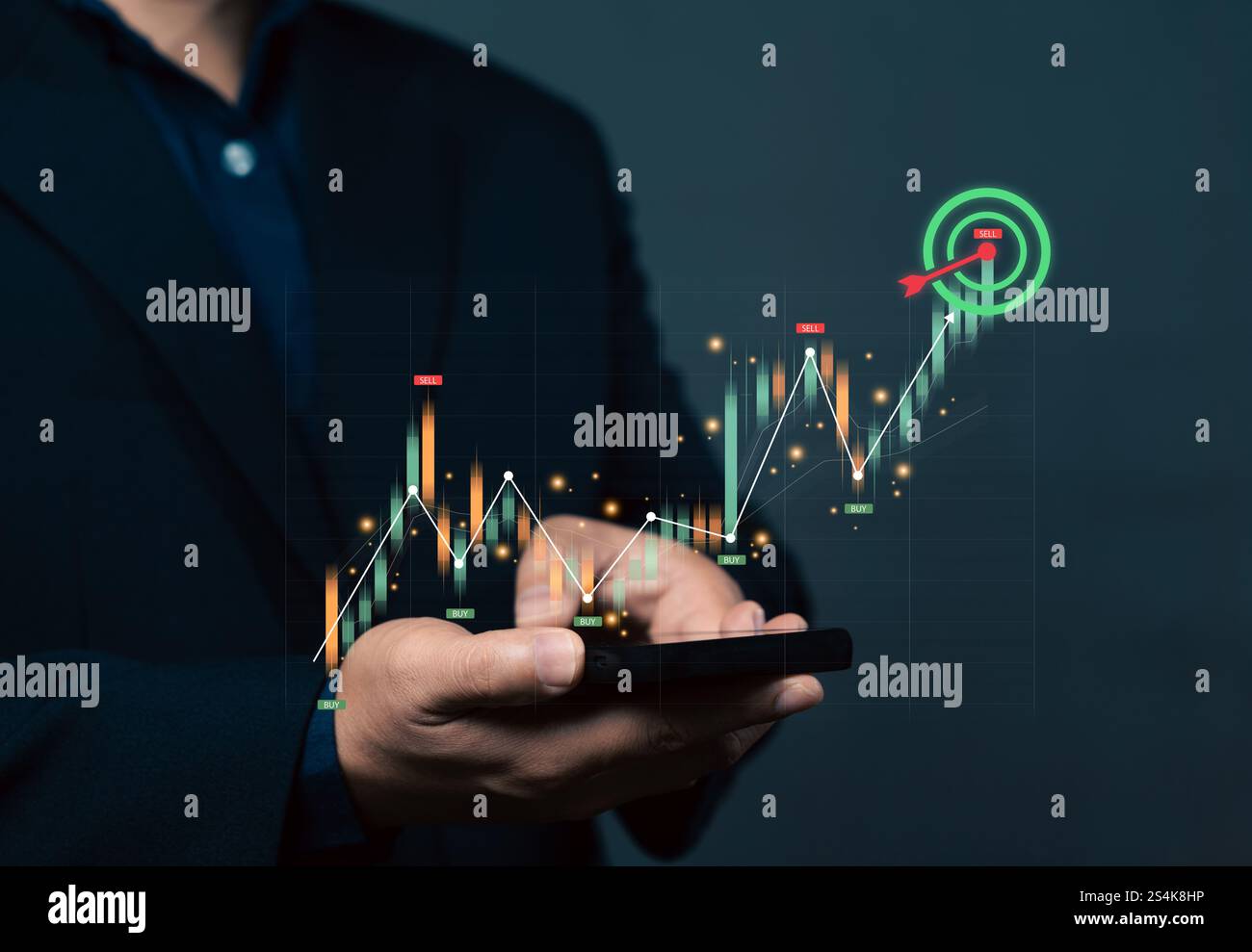 Data analysis, business growth. Businessmen hold smartphones and show ...