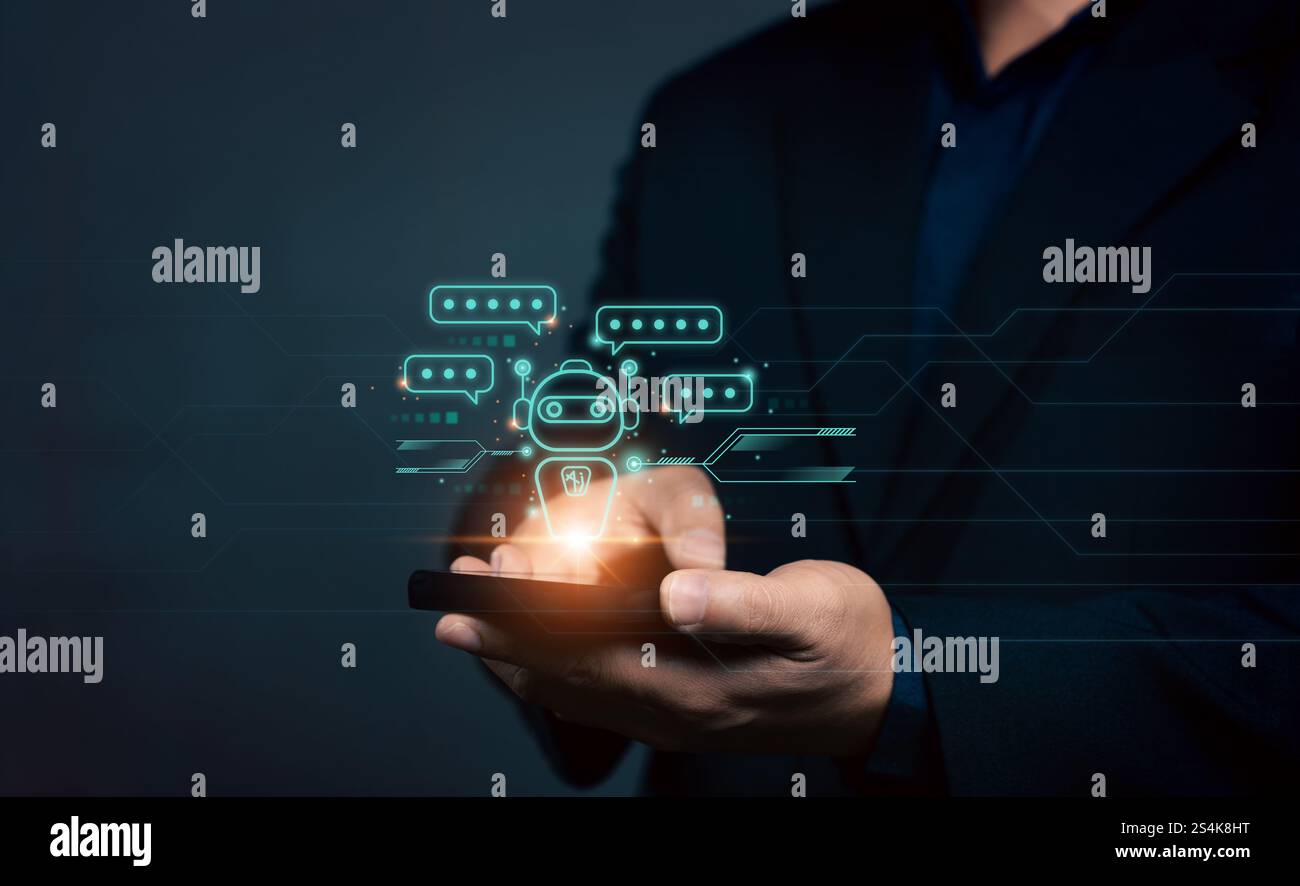 Businessman using smartphone AI chatbot infographics. AI Chatbot ...