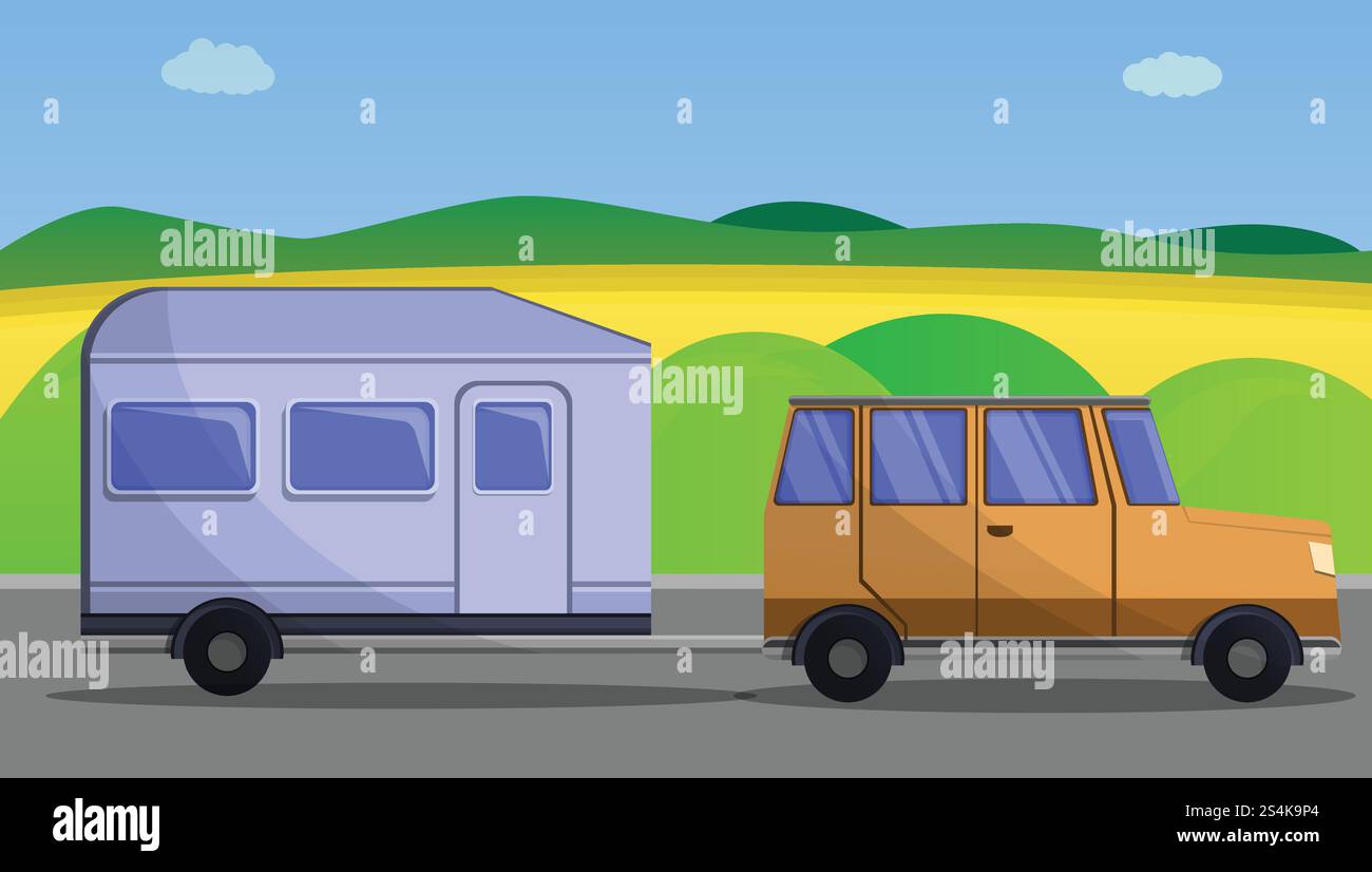 Camp car trailer concept banner. Cartoon illustration of camp car ...
