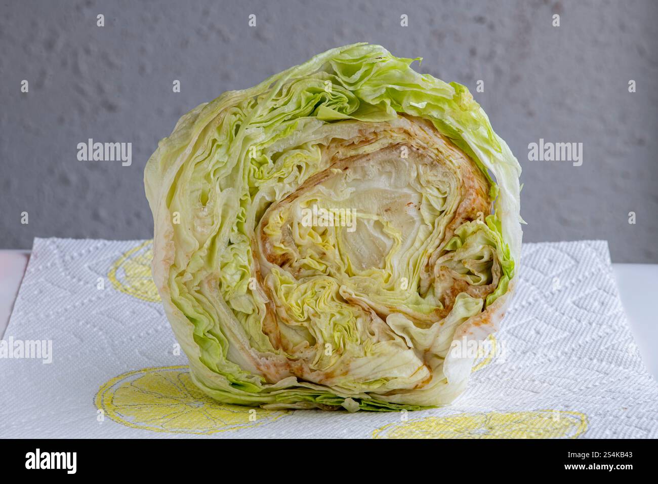 Inside side view of a newly purchased head of iceberg lettuce turning ...