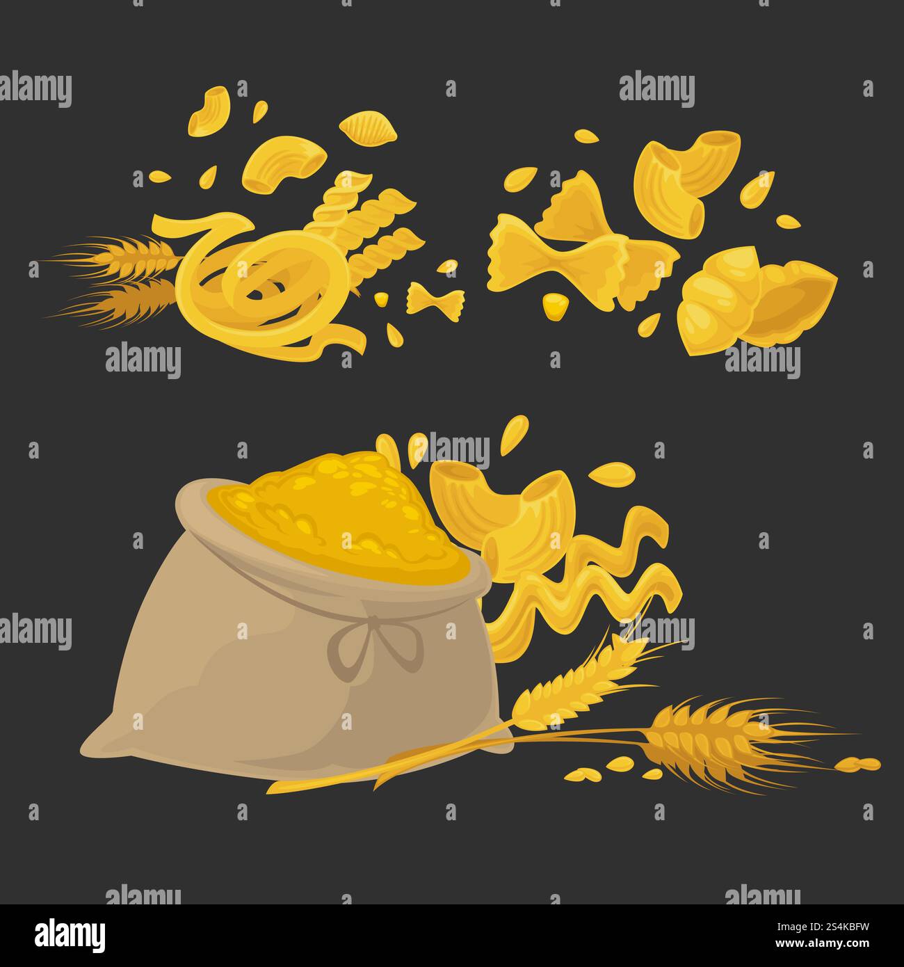 Raw pasta of solid kinds in shape of swirls and bows made of natural ...