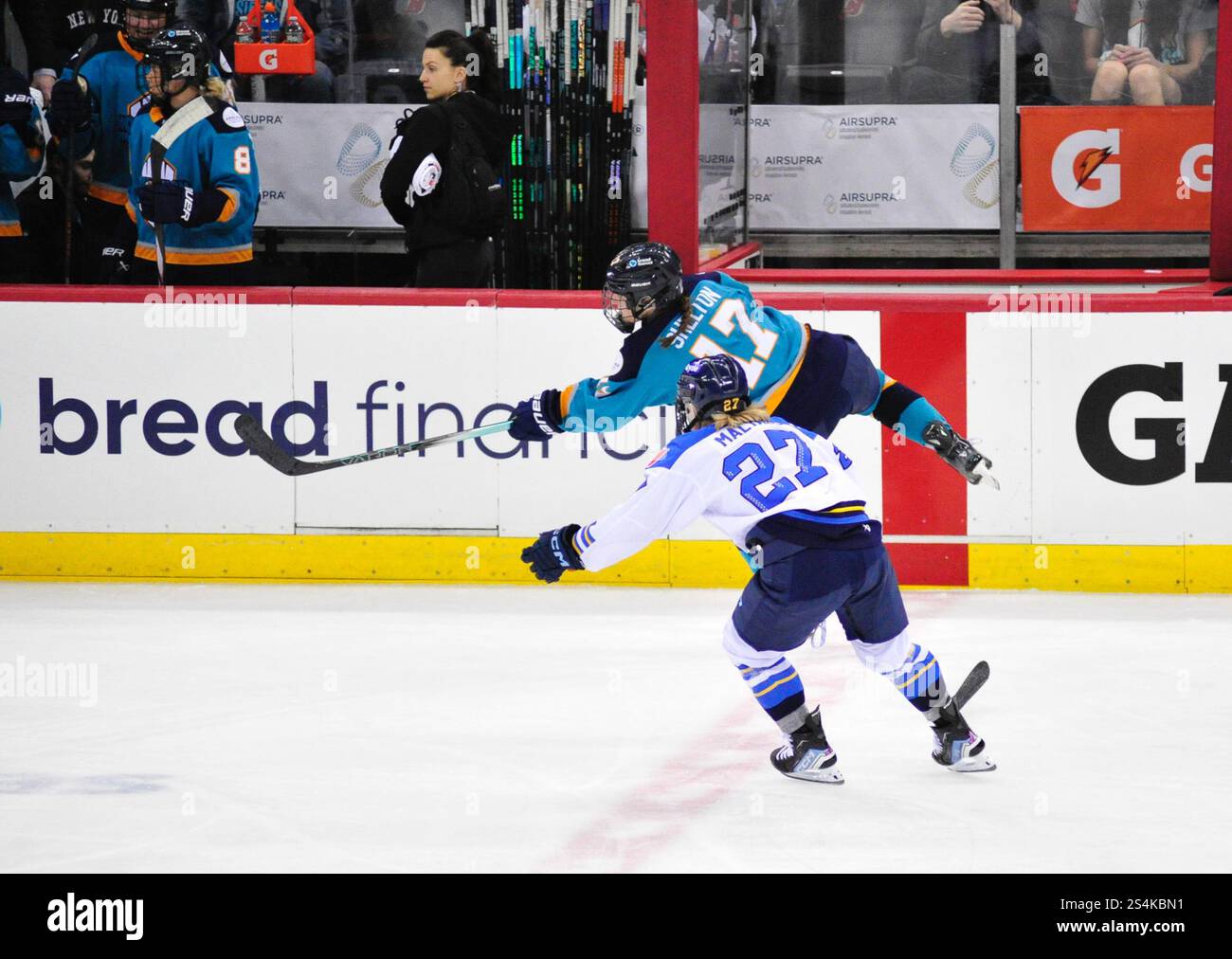 Newark, USA. 12th Jan, 2025. Ella Shelton (17) gets airborne in front ...