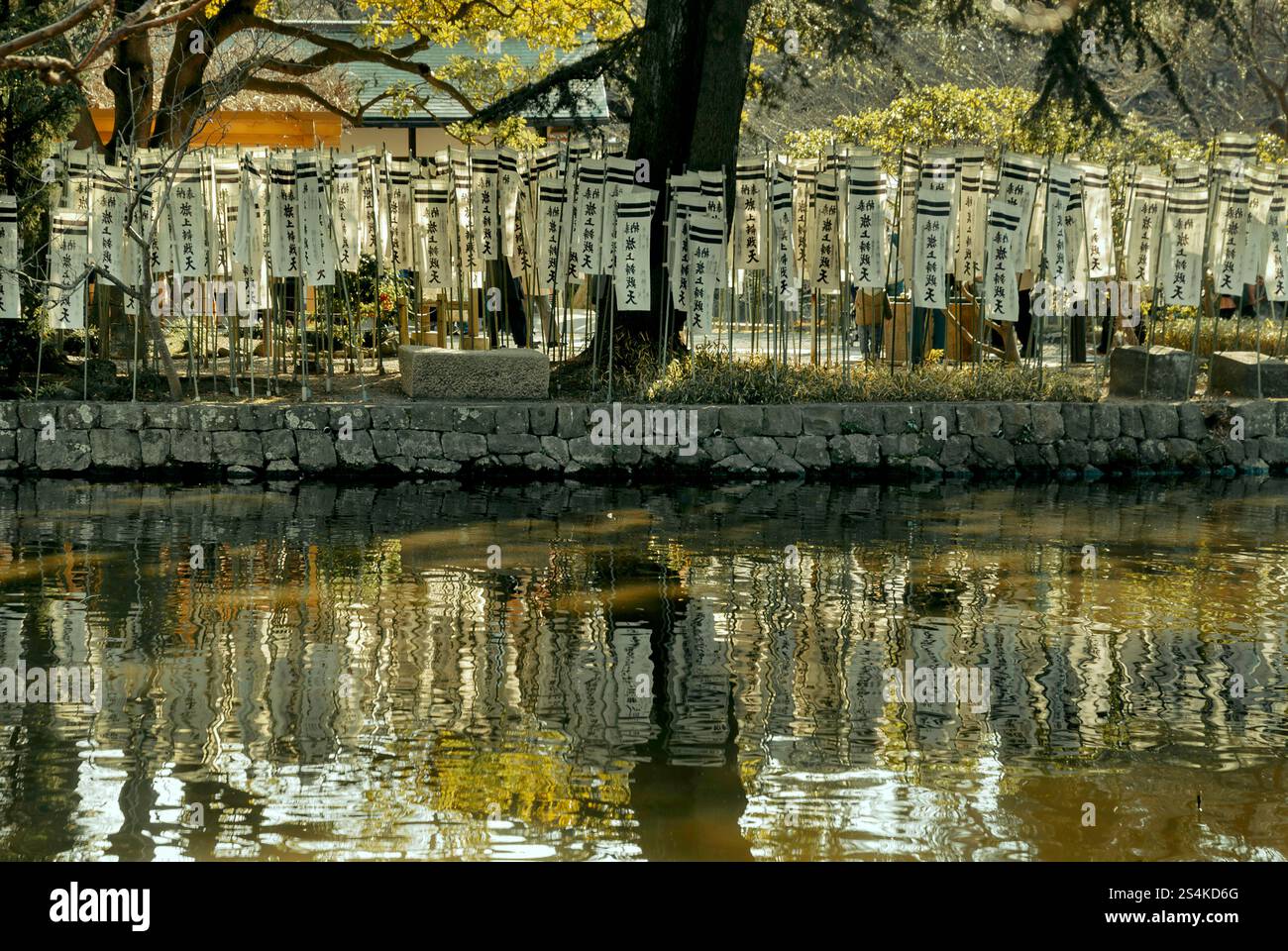 Kamakura, Japan. December 2010. Flags along a pond at Tsurugaoka Hachiman-gu Shinto shrine ...
