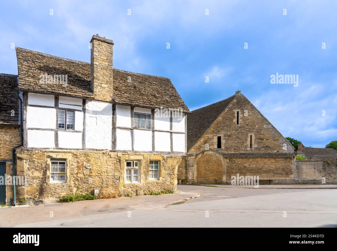 Heritage medieval building of stone and half-timber with slate roof in ...