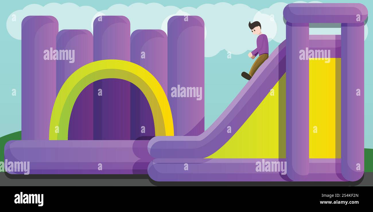 Inflated jumping castle and slide concept banner. Cartoon illustration ...