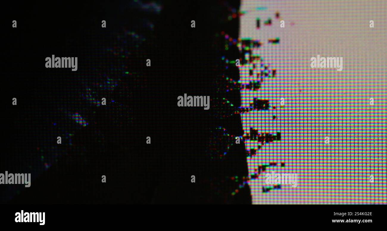 VHS noise. Digital glitch. Blur damaged monitor texture with error rainbow pixels noise. Black ...