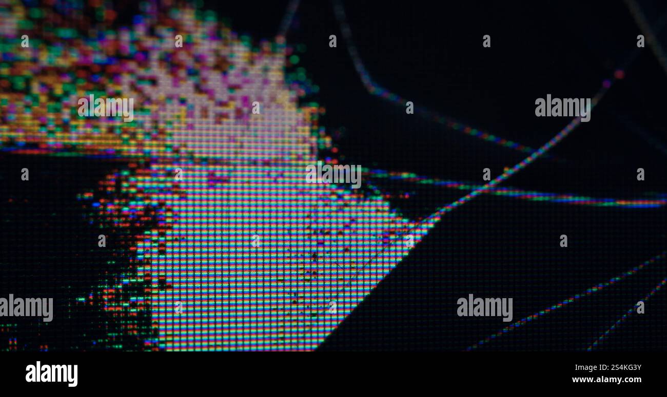 Damaged TV matrix. Cracked glitch. Messy black rainbow surface texture. Old monitor problem ...