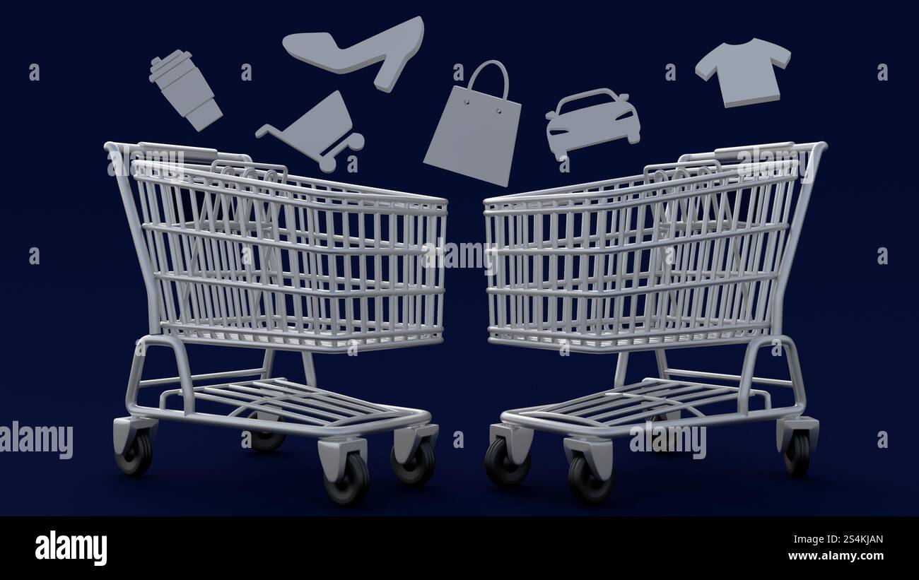 3d rendering of trolley cart with floating icons as shopping ...