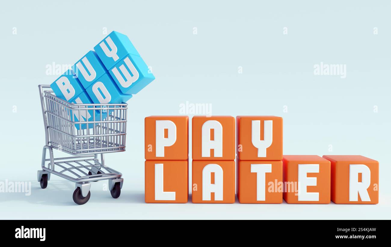 A 3D rendering of small, empty shopping cart positioned next to a stack ...