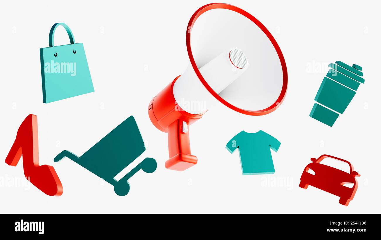 A 3D rendering of a megaphone surrounded by various stylized icons ...
