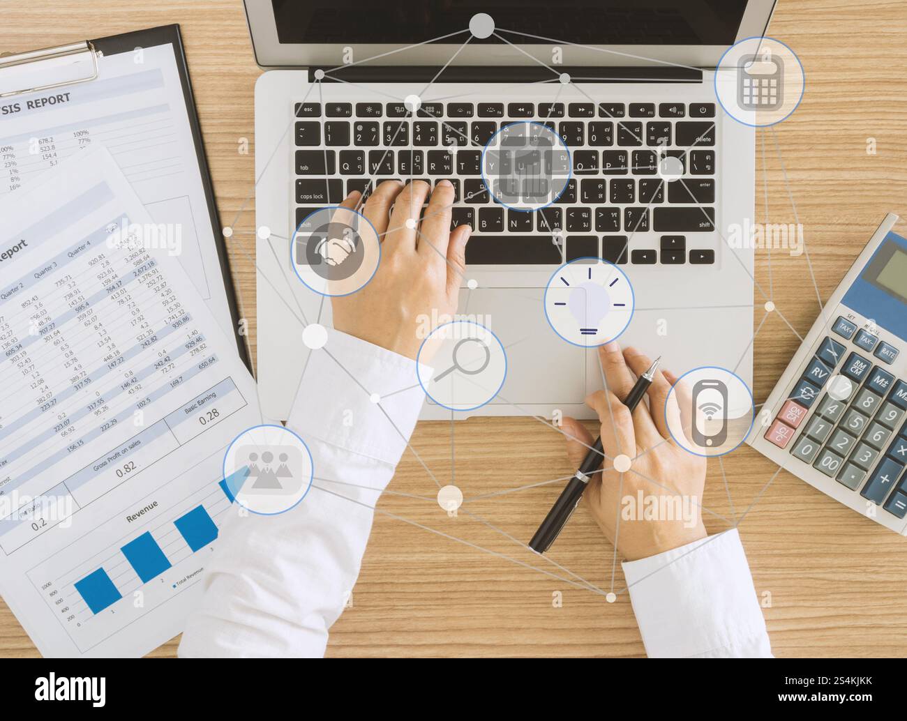 Financial analyst analyzing business data on desk. top view. Accounting ...
