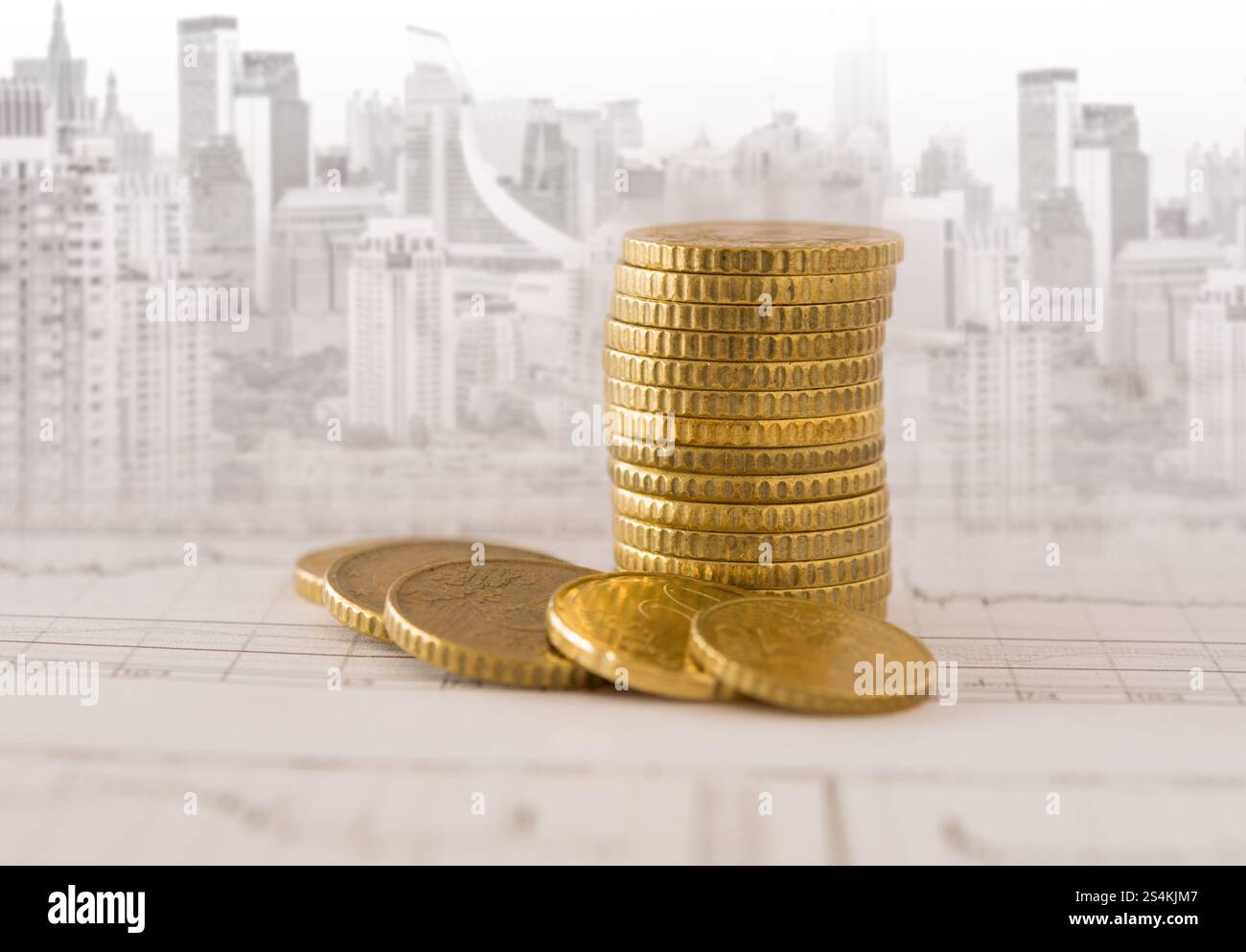 finance and value money growth concept. coins stack diagram with city ...