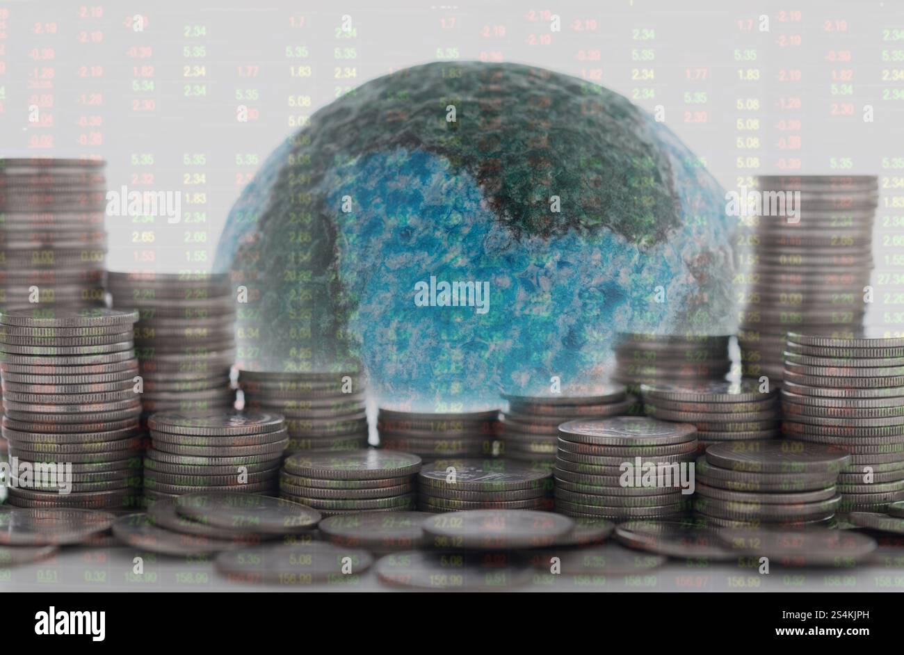 Finance investment world concept. Money stack with mock up globe, stock ...
