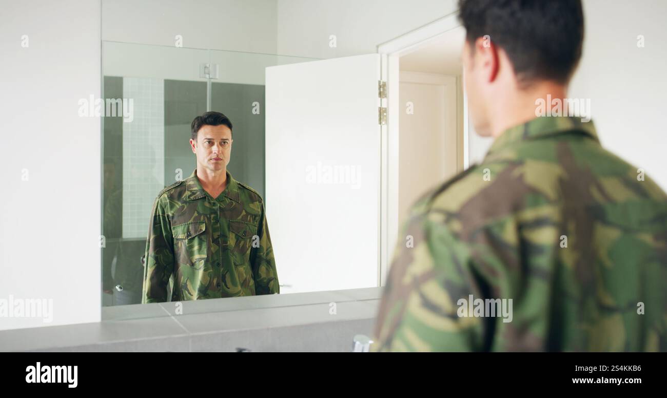 Man, soldier and mirror in bathroom, home and ready with uniform, sign ...