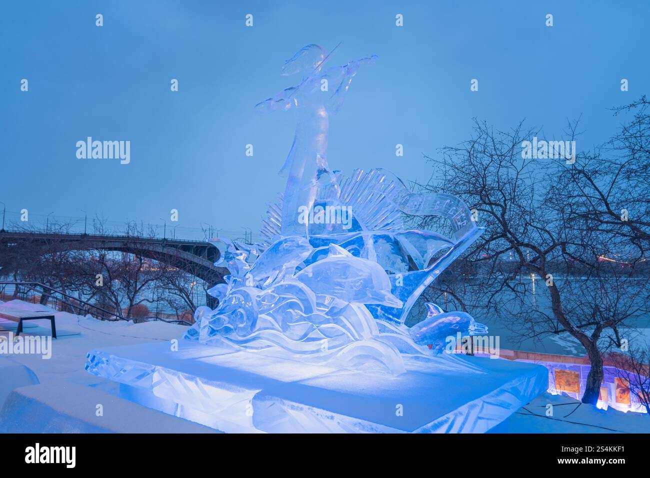 Krasnoyarsk, Russia, January 11, 2025. Ice sculptures on the street in ...