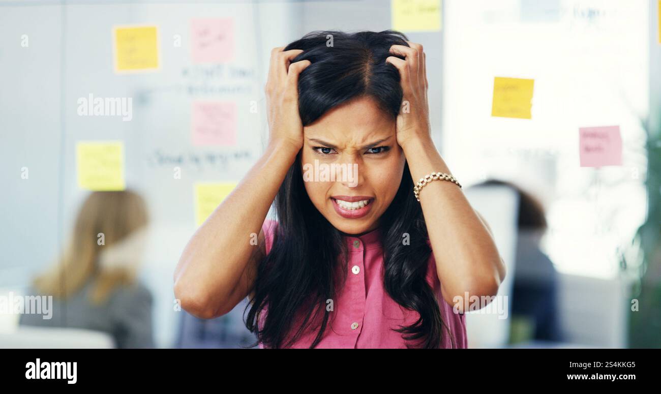 Woman, stress and sticky notes for plan crisis in office, anxiety and ...