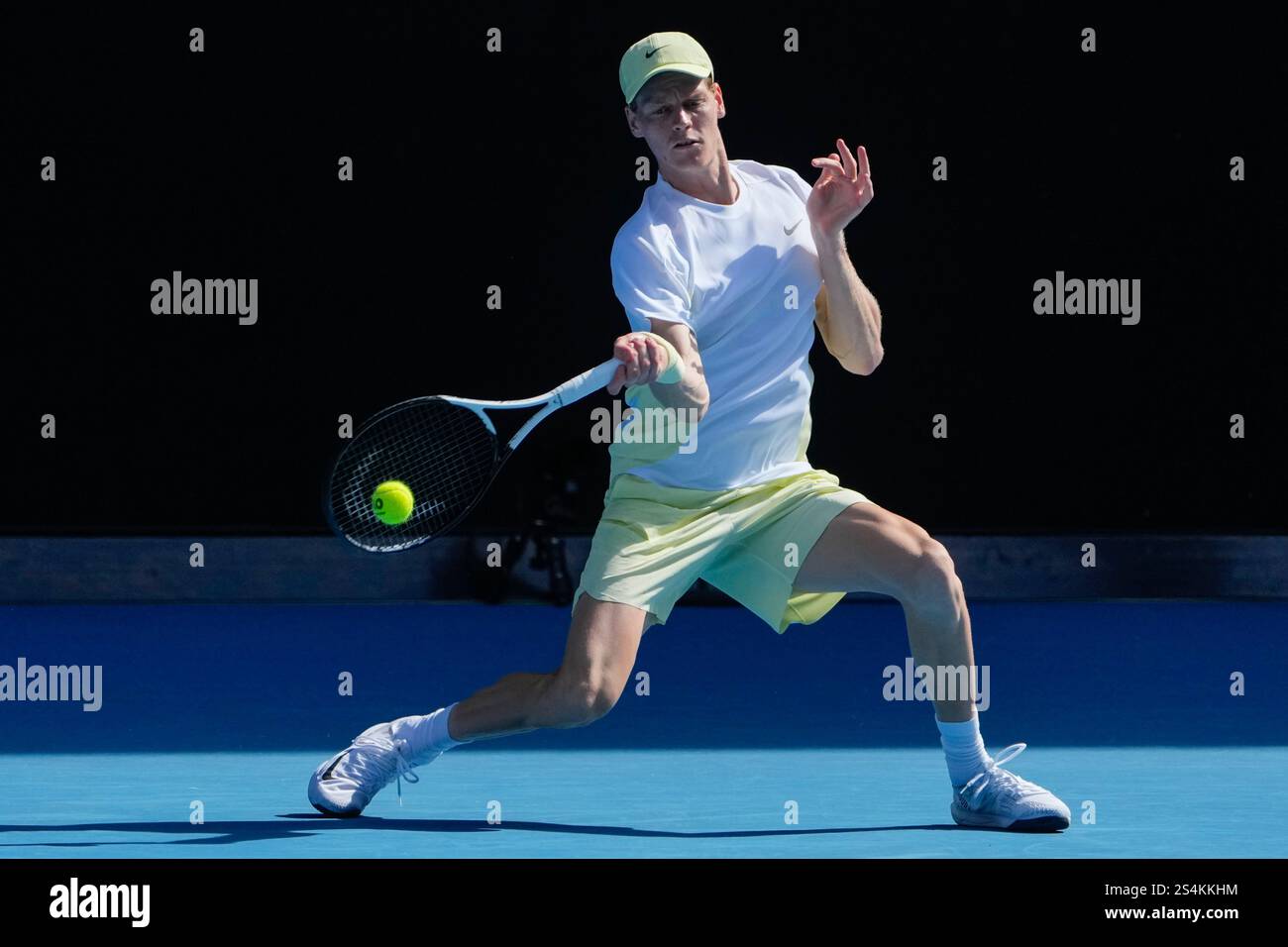 Jannik Sinner of Italy plays a forehand return to Nicolas Jarry of ...