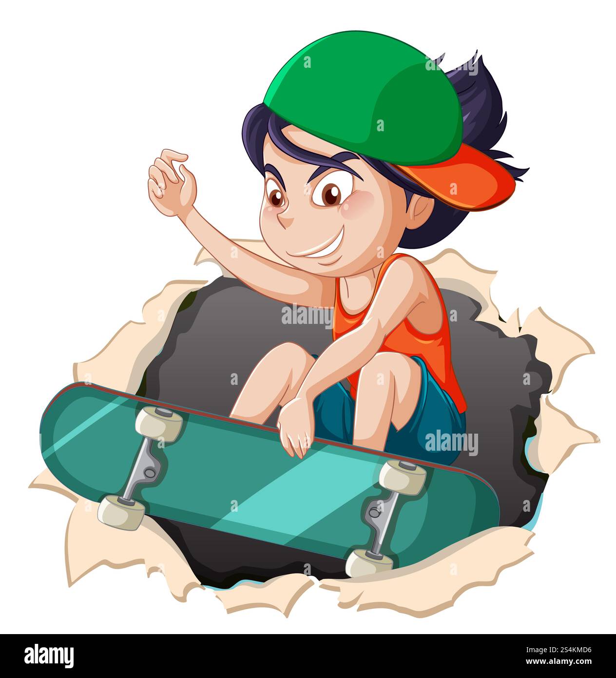 Energetic skateboarder bursting through a paper wall Stock Photo - Alamy