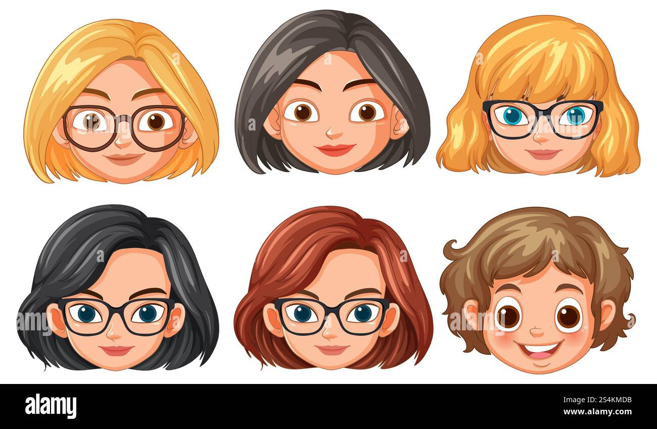 Six cartoon faces with various hairstyles and glasses Stock Photo - Alamy